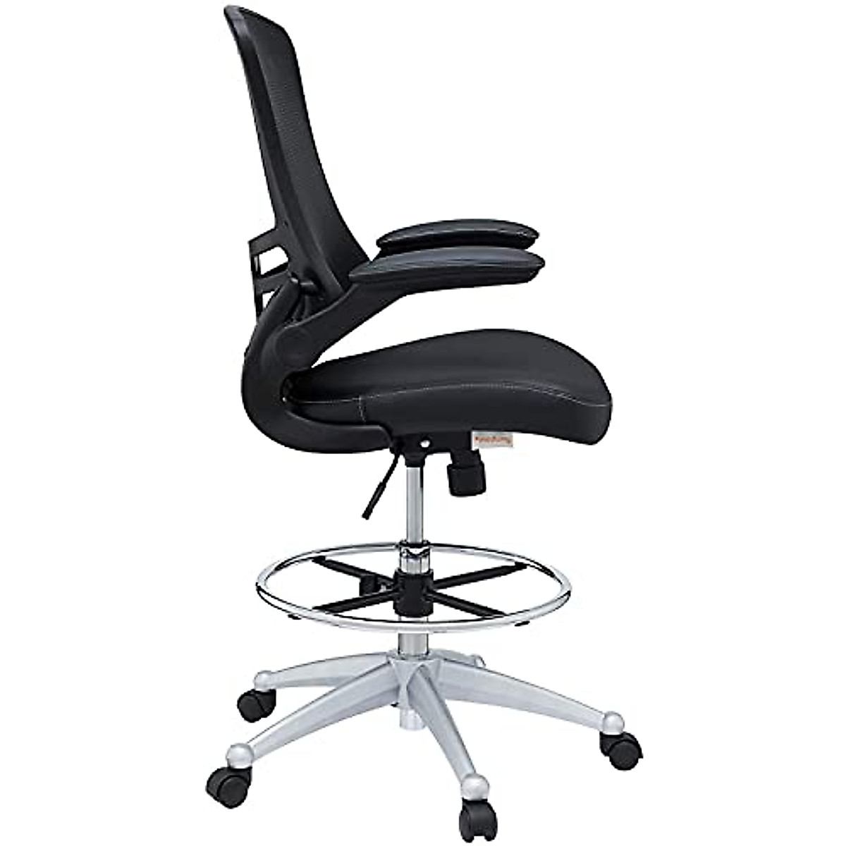 Modway Attainment Vinyl Drafting Chair - Drafting Stool With Flip-Up Arm in Black