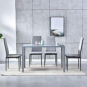 5 Piece Modern Grey Dining Table and Chairs Set of 4 for Small Kitchen, Glass Tempered Rectangular Table and 4 Grey Velvet Chairs for Small Dinette Apartment Space Saving