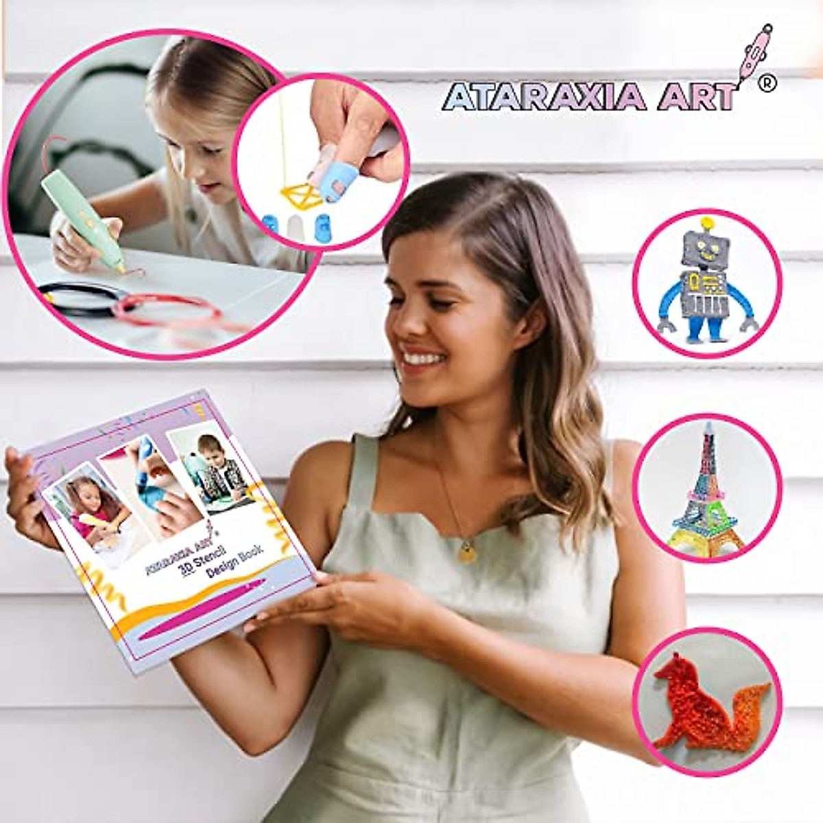 ATARAXIA ART 3D Pen PLA Filament Refill, 24 Colors, Each Color 10m/33 ft, Total 782 feet, 3DPen Filament with Stencils Book, Reusable Colorful 40 Pattern Printing Paper, Clear Pad & 2 Finger Caps