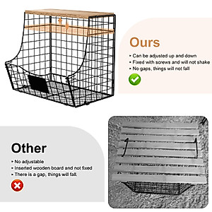 Fruit Basket for Kitchen with Wood Lid - Counter&Wall Mounted Onion and Potato Storage with Nameplate, Stackable Storage Basket, Hanging Metal Wire Baskets Kitchen Countertop Organizer Pantry 3 Pack