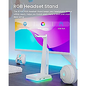 IFYOO RGB Gaming Headset Stand with 2 USB Ports, Game Headphone Mount for PC, Xbox One, PS4, Switch, Earphone Holder Hanger, Great for Gaming Stations, Fancy Desk Gamer Accessories, White