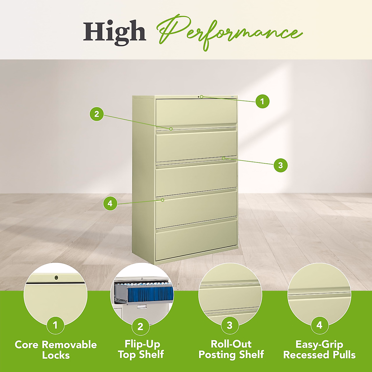 HON Brigade 5 Drawer Lock-800 Series Lateral Office Storage Locking Metal Cabinet 42" W x 18" D-Adjustable Hangrails for A4, legal, Letter Files-Putty