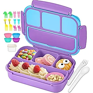 QQKO Bento Lunch Box for Kids Girls Boys, Toddler Kids Lunch Boxes for School, Lunch Containers for Adults Kids with 4 Compartments, Sauce Container, Utensils, Food Picks and Muffin Cups, Purple