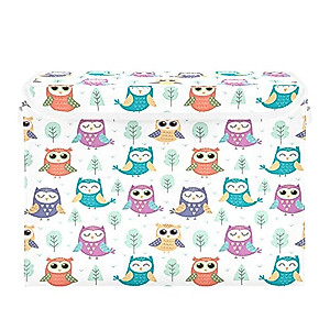 Kigai Cute Happy Owls Storage Basket with Lids and Handles,Collapsible Storage Bins Organizer for Bedroom Organization,Office Storage,Toys,16.5x12.6x11.8 In