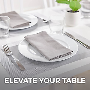 Home Genie Heat Resistant Placemats, Dining Room Table Mats, Protect Surfaces, Woven Placemat Setting for Dinner, Washable Vinyl Food Grade Mat, Kitchen Decor Accessories, Set of 4, Size 18x12, Silver