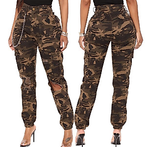 ThusFar Camo Cargo Pants for Women High Waisted Camoflage Slim Fit Ripped Trousers Sweatpants with Pockets