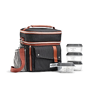 Fit & Fresh Foundry Extra Large Insulated Lunch Box for Men & Women, Large Lunch Bag for Meal Prep, Double Decker Adult Lunch Box for Men with Containers, Adjustable Strap, Dual Compartment, Black