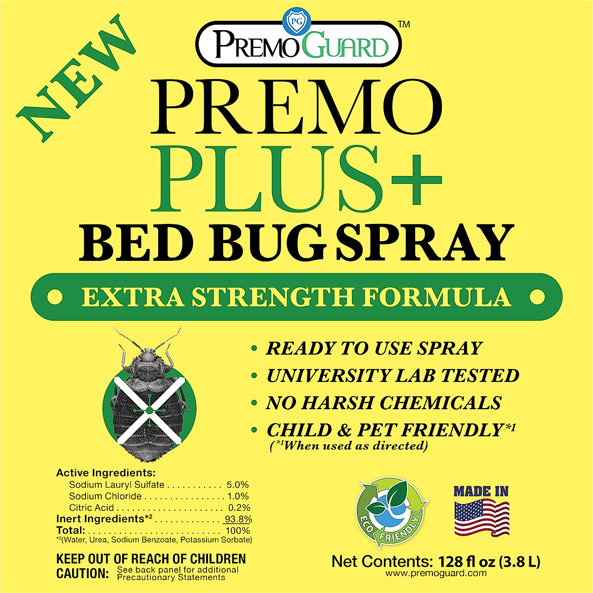 Premo Plus+ Bed Bug Spray Extra Strength – 128 oz – Fast Acting Bed Bug Treatment & Killer – Stain & Scent Free – Child & Pet Safe – Powerful New Stronger Formula – Natural with No Harmful Chemicals