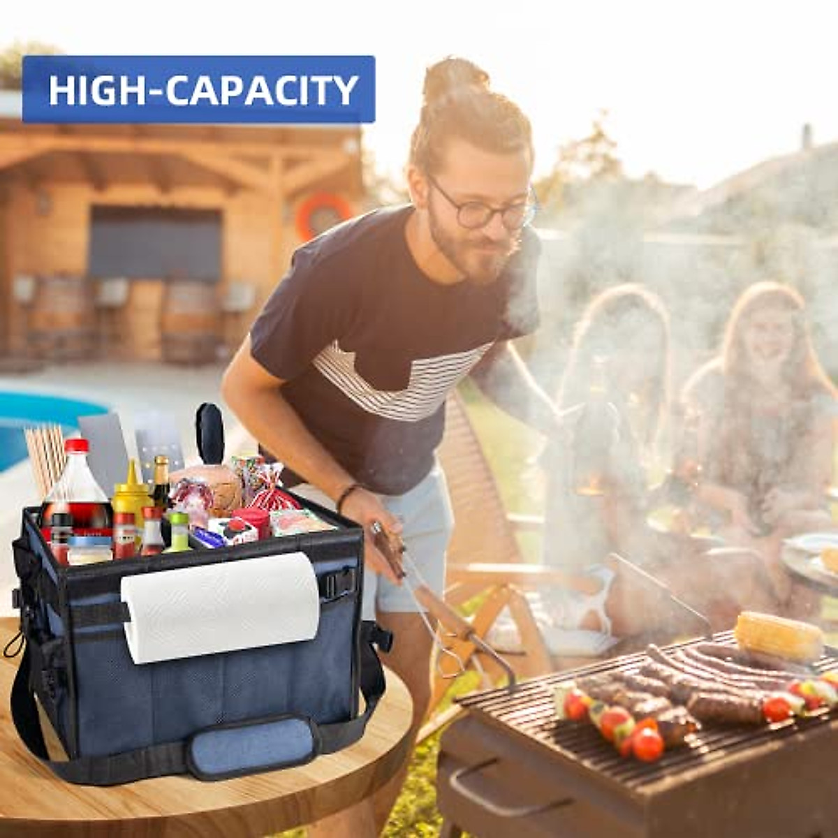 Picnic Caddy Collapsible Grill Caddy with Lid Portable Camping Accessories Large Picnic Basket Outdoor Caddy with Condiment Pocket Paper Towel Holder, Waterproof & Dirt-Resistant, High-Capacity, Blue