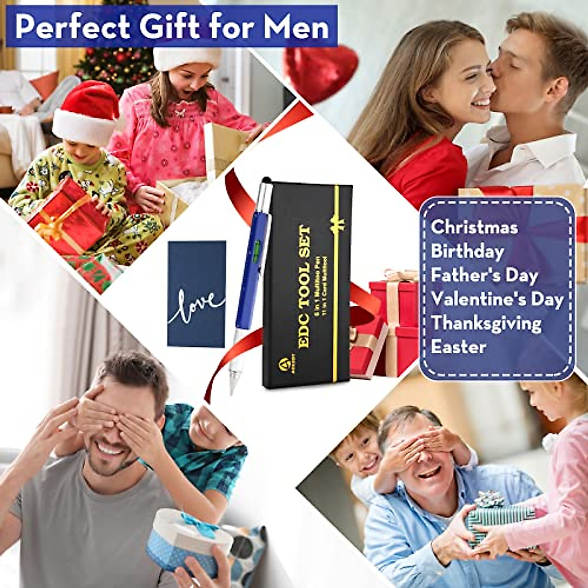 Gift for Men, Multitool Pen + Card Tool, Stocking Stuffers for Him Dad Husband Boyfriend, Ballpoint Pen with Screwdrivers / Ruler / Spirit Level / Stylus, Gift Box