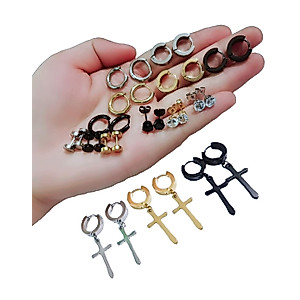 Ofeiyaa 15 Pairs Stainless Steel Dangle Hinged Earrings Hoop Huggie Earrings CZ Stud Earrings Set for Men Women Ear Piercing Jewelry Silver Black Gold Tone