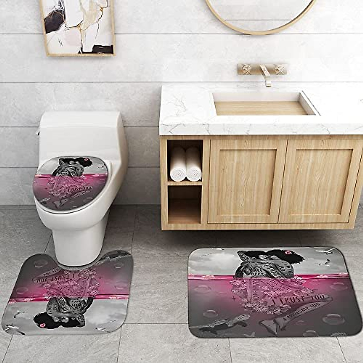 4PCS African American Shower Curtain with Non-Slip Rugs,Bath Mat and Toilet Lid Cover,Waterproof Polyester Fabric Black Shower Curtain Sets with 12 Hooks,Cool Typeface Pattern Bath Curtains for Man
