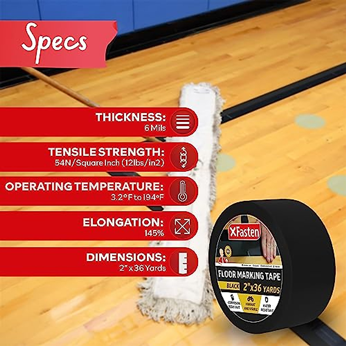 XFasten Vinyl Floor Tape 2 Inch x 36 Yards 6 Mils Gym Floor Tape 2 Inch | Court Marking Tape Outdoor 2 Floor Tape for Gymnasium Classroom | Floor Marking Tape Black Tape | Vinyl Tape Dancefloor Tape