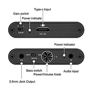 Headphone Amplifier with Bass Boost, Support 3.5mm AUX and Type-C 16-600Ω Headphone -3.5mm Stereo Audio Out, GAIN, Bass for Mac, Phones, iPad, MP3, MP4 and Computers,Xbox one,PS4,PS5 Controller