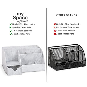 Marble Desk Organizer For Office Supplies And Accessories - 9 Sections - Pencil Pen Holder Storage - Desktop Organization Decor Essentials (White Grey Marble)