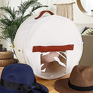 ideable creations Hat Box - Large Hat Travel Case - Collapsible cotton Hat Storage Organizer with Leather Carrying Handle - Foldable Design, Zippered Lid, Clear Window - 16x16x8 inches (ivory)