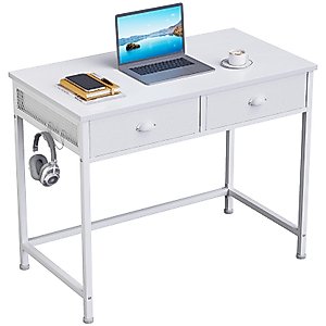 Furologee White Small Computer Desk with 2 Fabric Drawers, 36 Inch Simple Home Office Writing Desk, Vanity Desk with Hooks, Study Desk for Bedroom Small Spaces
