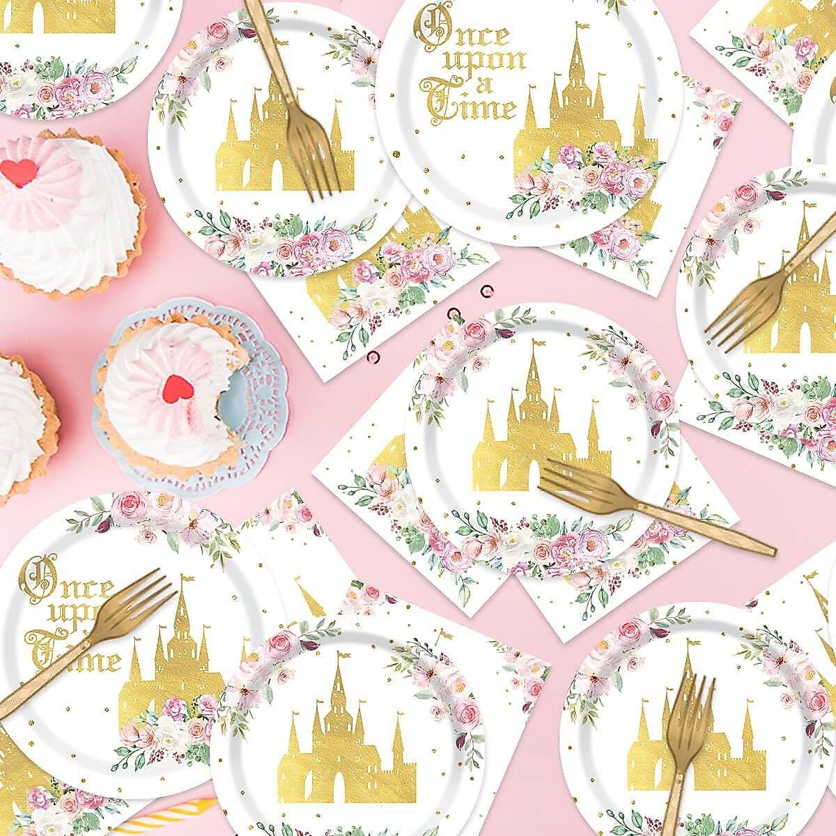 Girl Fairytale Princess Birthday Tableware Party Supplies Serves 24 Guests Once Upon a Time Pink Floral Gold Castle Plates Napkins Forks for Girls Birthday Party Decoration Supplies