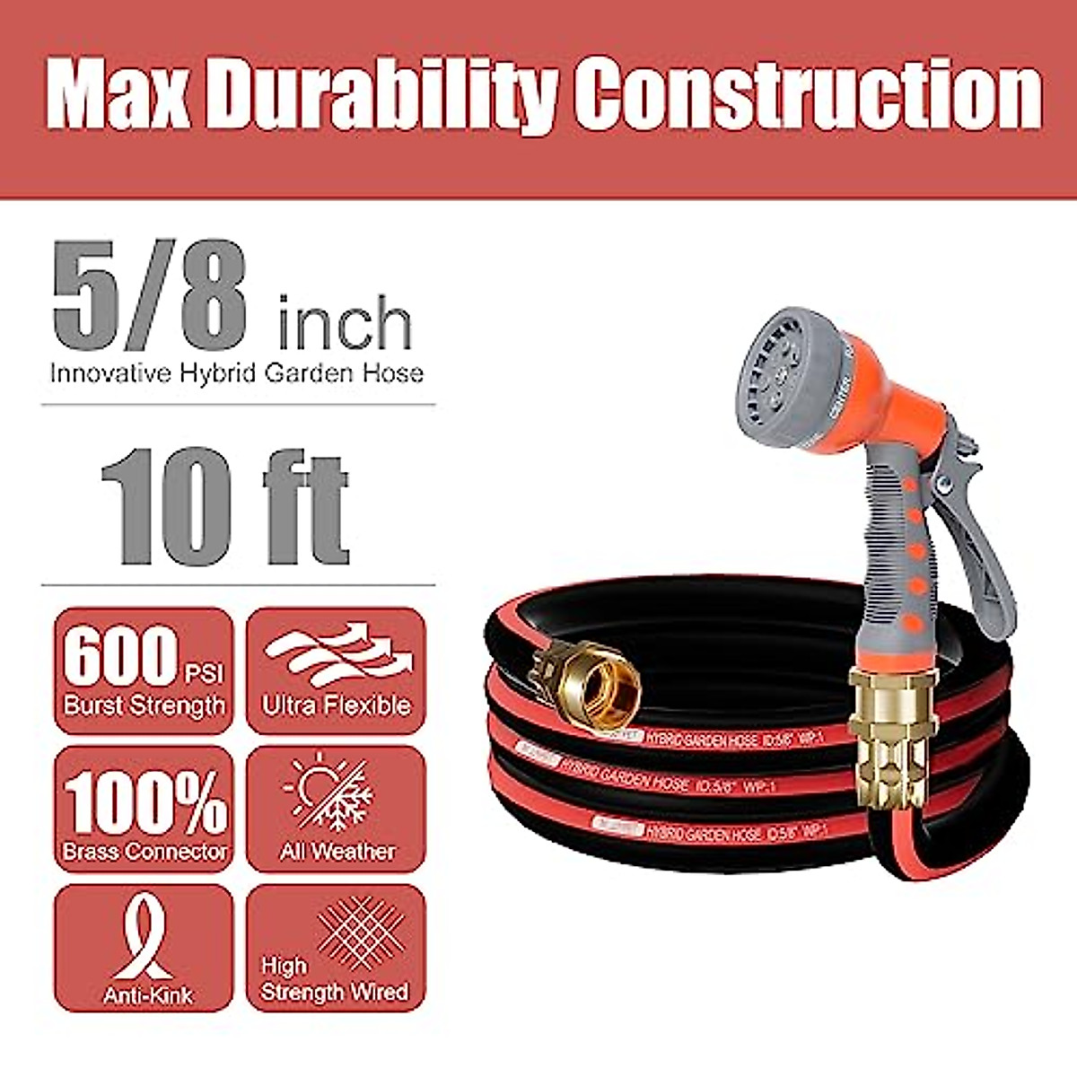 M JJYPET Upgraded Hybrid Garden Hose,5/8in.x10ft,Light Weight,No Kink Water Hose with 7 Function spray Hose Nozzle,Leak Proof Short Hose for Outside Car,Floor,Yard Washing,Garden Watering.(10FT)