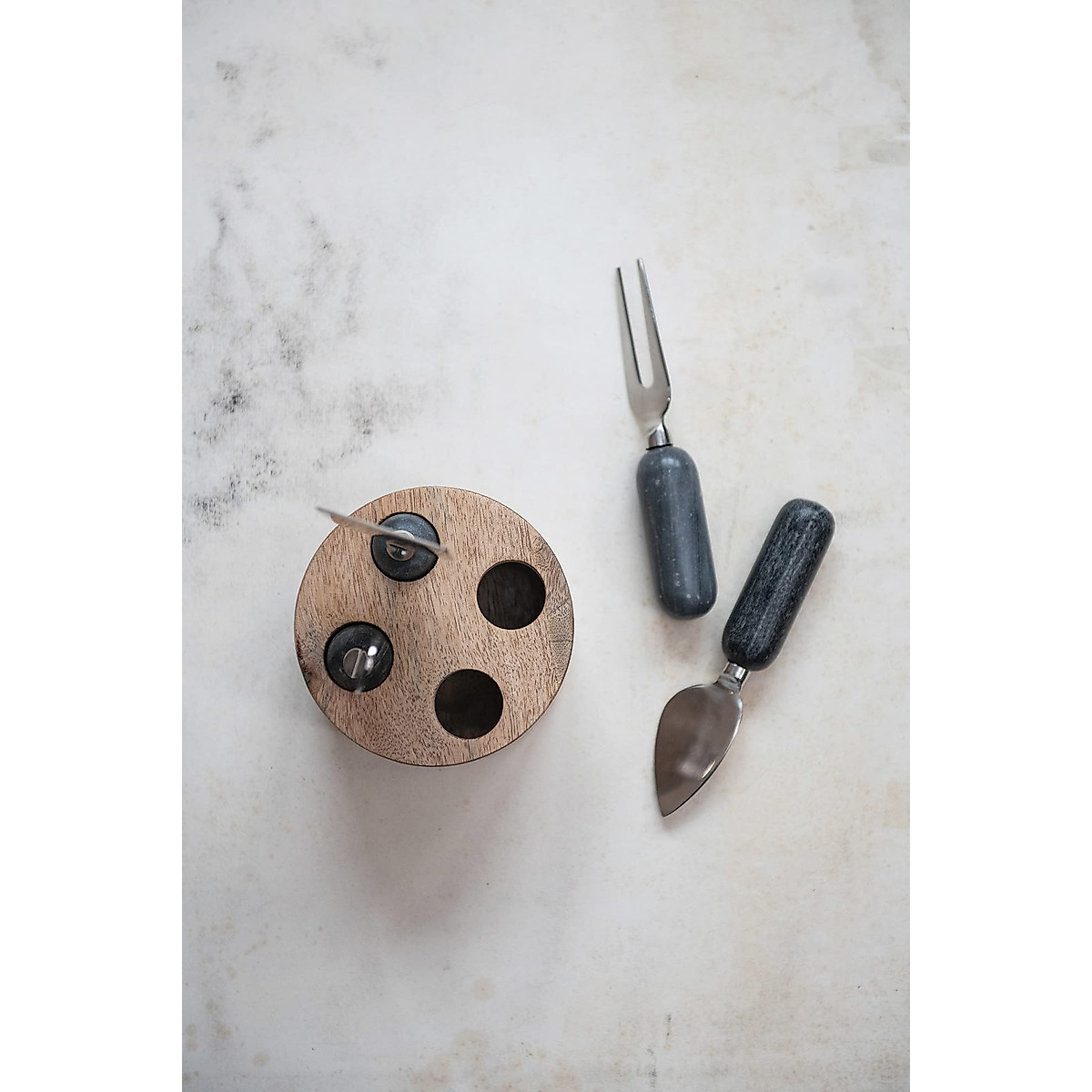 Creative Co-Op Stainless Steel Cheese Servers with Mango Wood Stand Cutlery, Set of 4, Grey & Natural