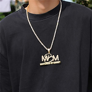 ICEDIAMOND 14K Big Diamond MBM-Motivated By Money Encourage Necklace, Iced Out Shiny Rhinestone Letter Pendant with Tennis Chain, Hip Hop Jewelry for Men Women (Gold,20''Tennis)