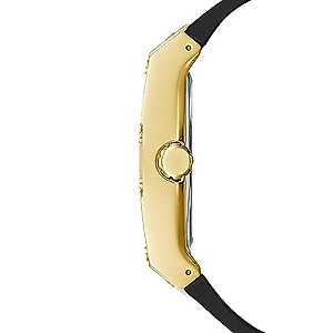 GUESS Men's Trend Multifunction 43mm Watch – Black & Gold-Tone Dial with Gold-Tone Polycarbonate Case & Flex Leather/Silicone Strap