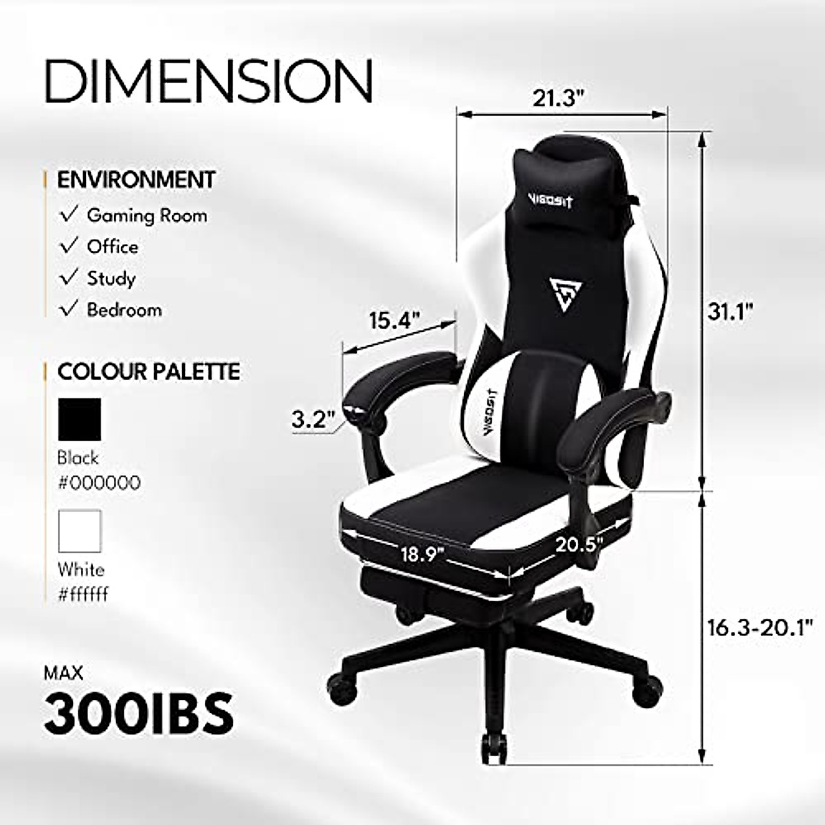 Vigosit Gaming Chair with Footrest, Fabric Gamer Chair with Lumbar Support Pillow, Computer Game Chairs for Adults, Big and Tall Office Chair Gaming 300LBS (Black White)