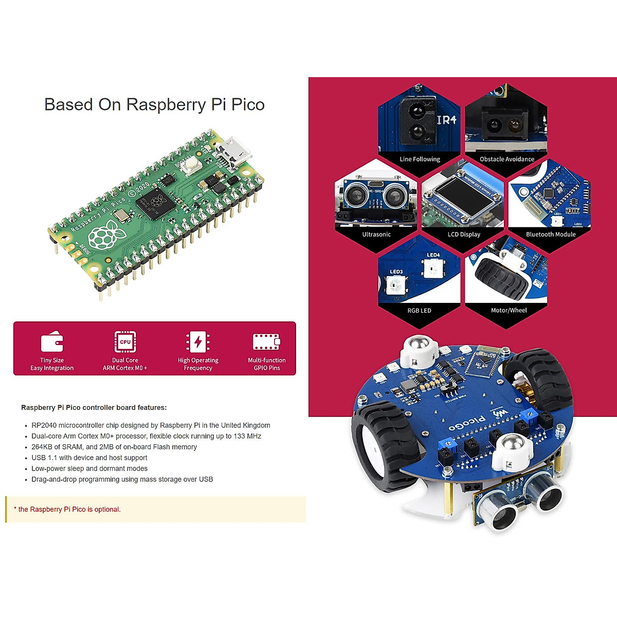 Waveshare PicoGo Mobile Robot - Raspberry Pi Pico Based, Self Driving, Remote Control, Unassembled