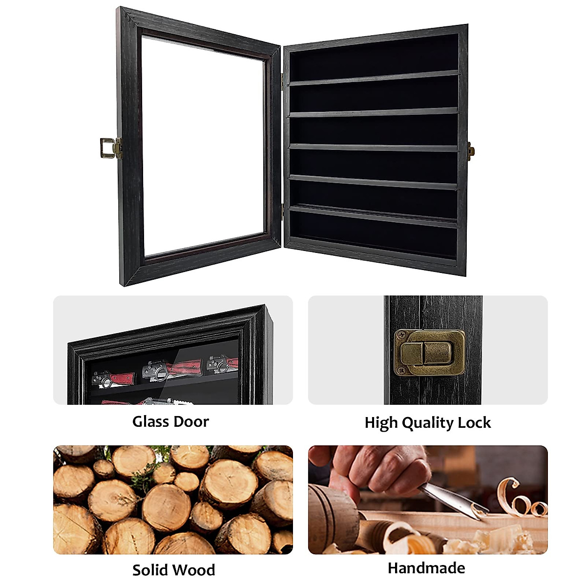 Knife Display Case 6 Rows Pocket Knife Display Case for Wall Military Folding Knife Shadow Box Cabinet for Collections with HD Toughened Glass Door,Removable 2 Grooves Shelves ,Black