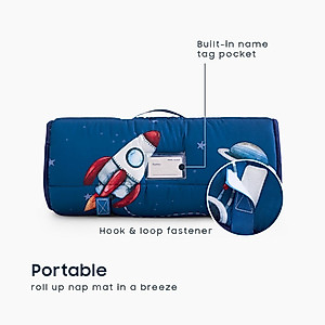 Wake In Cloud - Nap Mat with Removable Pillow for Kids Toddler Boys Girls Daycare Preschool Kindergarten Sleeping Bag, Rockets Space Planet Astronauts on Navy Blue, 100% Soft Microfiber