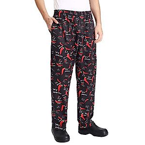 Men's Elastic Baggy Chef's Pants Floral Restaurant Work Pant and Cook Pant Uniform Pepper L