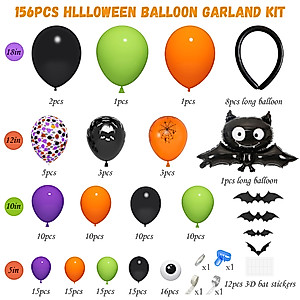 156Pcs Halloween Balloon Arch Garland Kit with Giant Spider Bat Balloon Black Orange Purple Green Confetti Long Halloween Balloons 3D Bat Eyeball for DIY Halloween Birthday Party Supplies Decorations