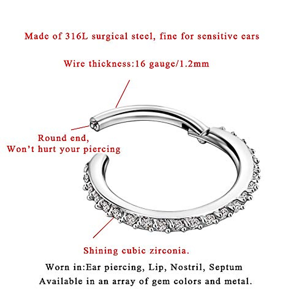 FANSING Small Tragus Hoops 16g Nose Rings Hoops 6mm Cartilage Earrings Hoop for Women 16 Gauge Pave Set Cubic Zirconia Tragus Daith Helix Lobe Rook Ear Piercing Jewelry