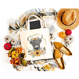 GXVUIS Highland Cow Canvas Tote Bag for Women Aesthetic Floral Reusable Grocery Shoulder Shopping Bags Gifts for Girls White