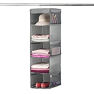 ZOBER Hanging Closet Organizer and Storage Shelves - 5-Shelf Wardrobe Clothes Organizer for Dorm Room, Baby Nursery, Small Closet Storage - 12" x 11.5" x 42", Grey