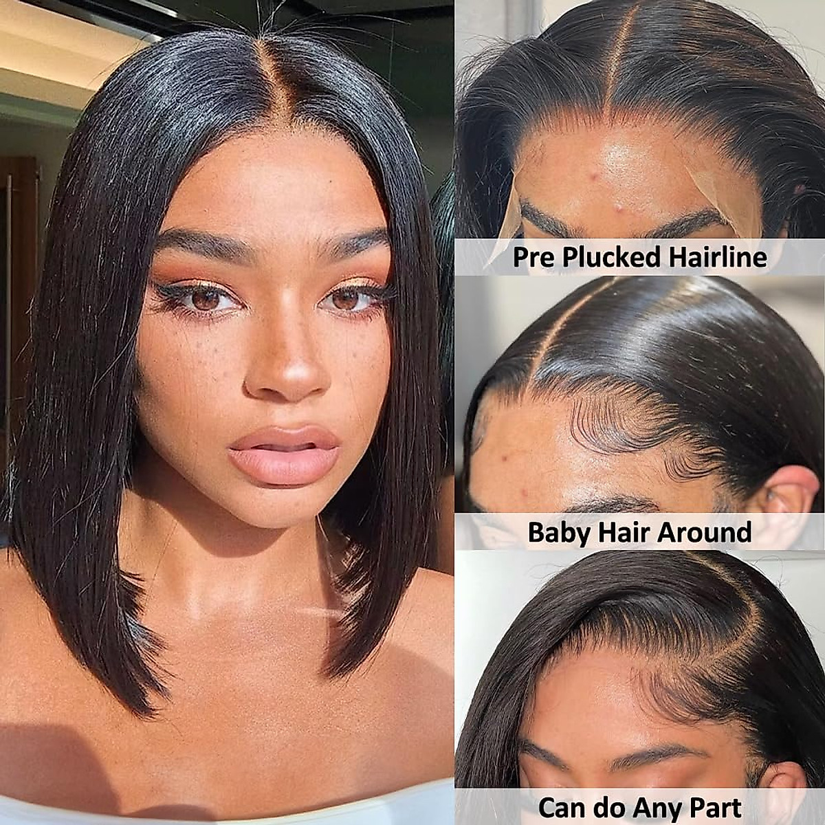Flady 12 inch Straight Bob Wig Human Hair 13x4 HD Frontal Lace Wig Short Bob Wigs for Women Glueless Bob Lace Front Wigs Human Hair Pre Plucked 150% Density Natural Black Color