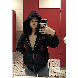 Yuemengxuan Women Y2k Goth Zip Up Hoodie Long Sleeve Harajuku Sweatshirt Aesthetic Casual Oversized Hooded Top Streetwear (Spider, M)