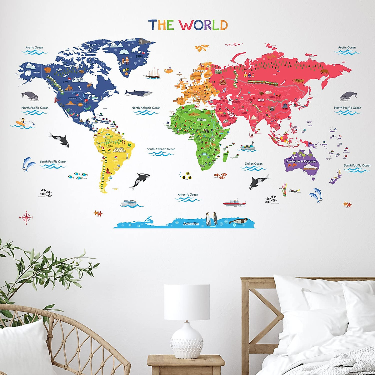 BASHOM BS-115 Large Animal Landmarks World Map Wall Decals Educational Stickers for Kids Nursery Bedroom Living Room Classroom Peel Stick Removable Poster mapa Mundi para pared Art