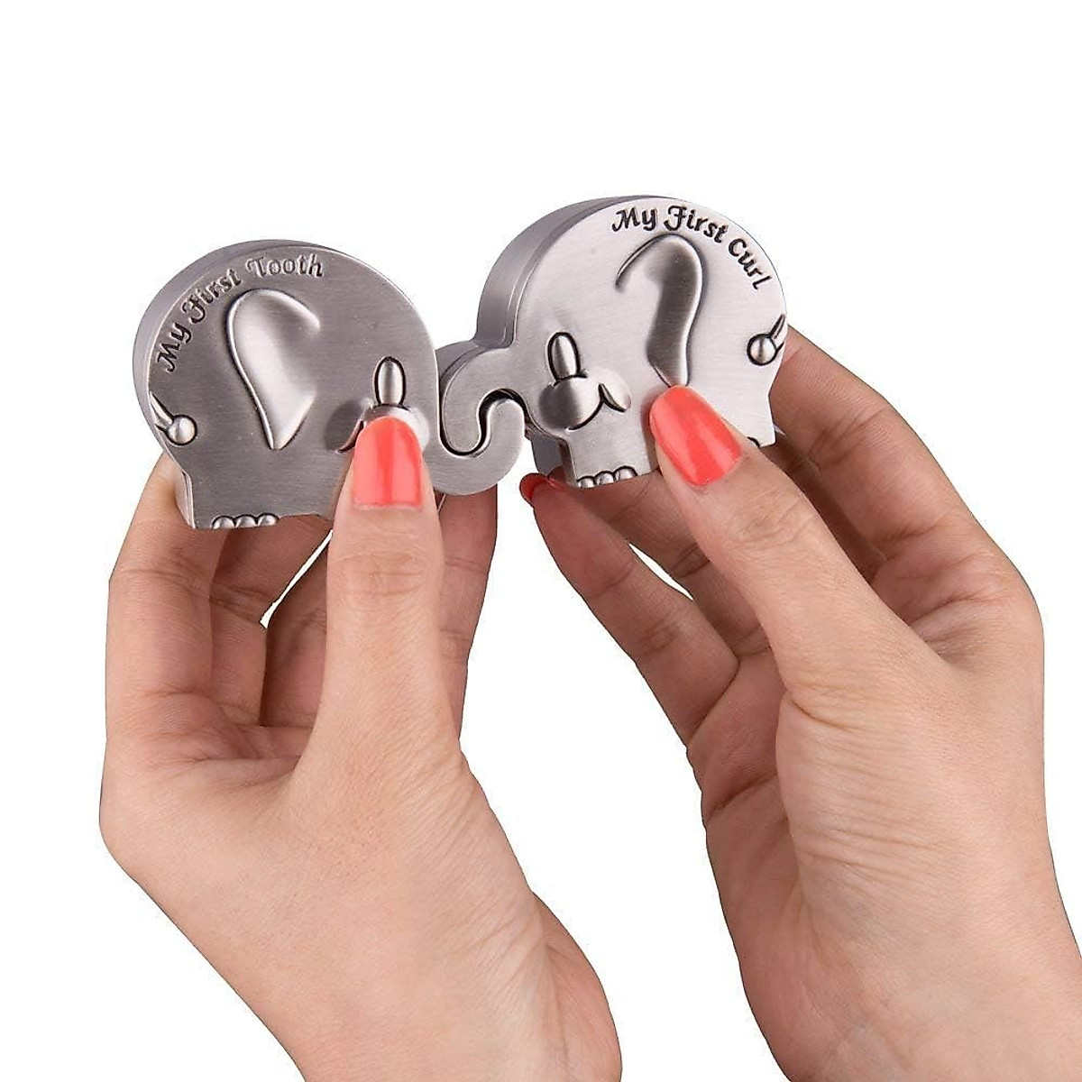 Feyarl Kids First Curl and Teeth Fairy Holder Containter Keepsake Box Tins Keeper for Christening Newborn Shower Kids Birthday Gift Metallic Engraved Elephant Shape (2.4 x 1.6 x 1.2 inches)