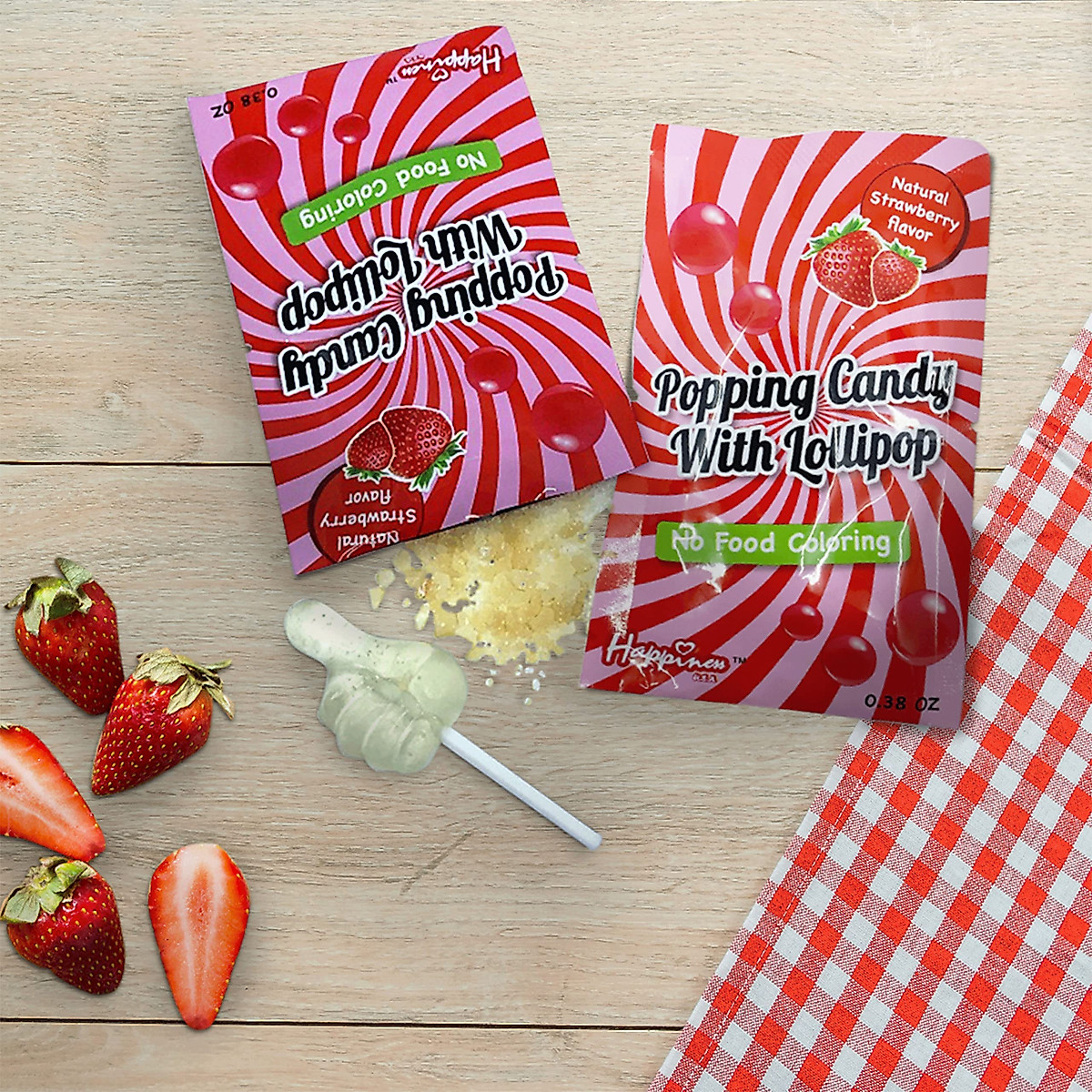 Happiness USA 50 PCS Popping Candy with Fun Dip Lollipop - All Natural No Artificial Colors or Flavors Pop Rocks Candy | Individually Wrapped Kosher Pareve Candy Pop | Non Dairy Pop Rocks Strawberry