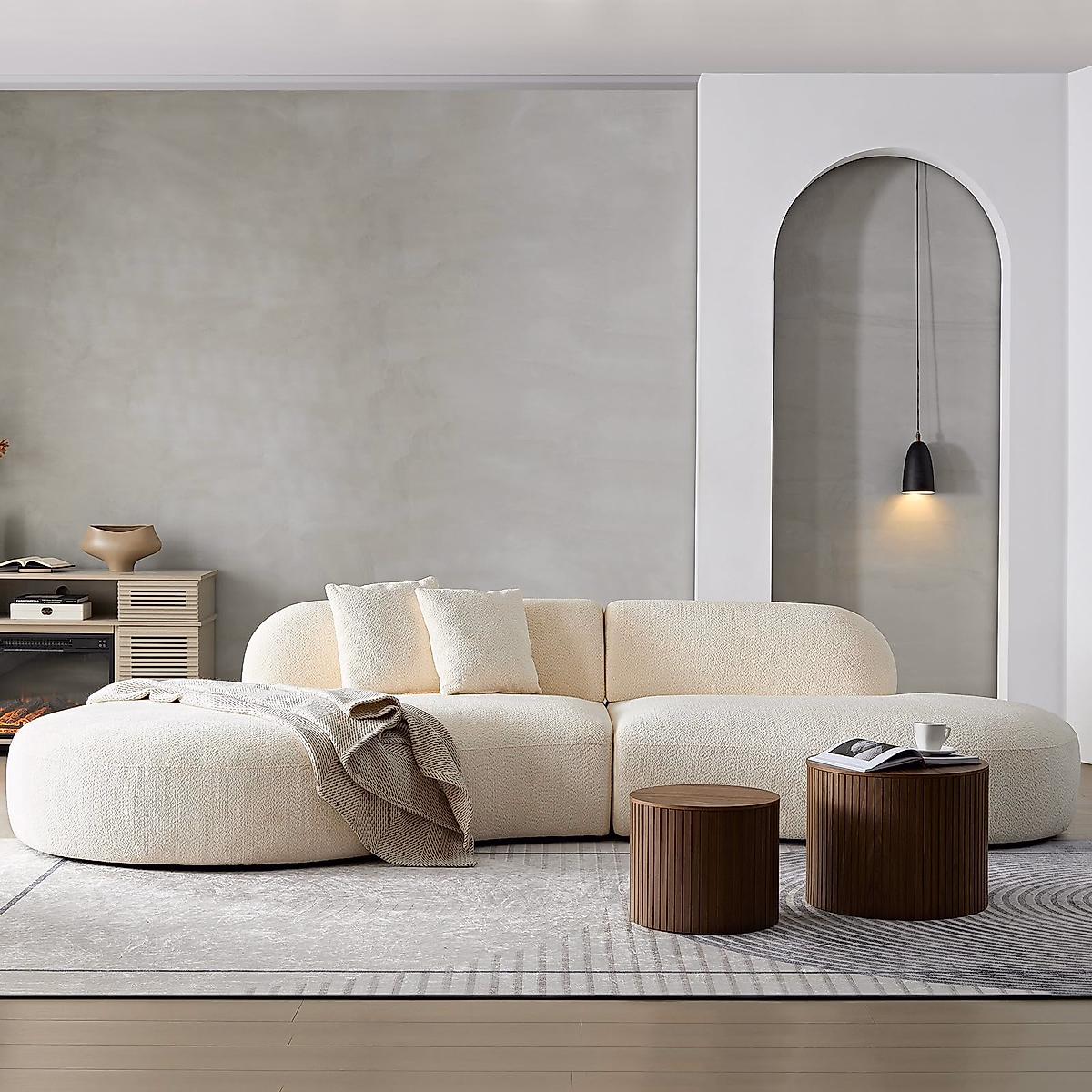 YOPENG 135.4" Curved Modular Sectional Sofa,Modern Boucle Fluffy Cloud Couch with Chaise,Oversized 6 Seater Extra Deep Comfy Upholstered Couches for Living Room,Apartment,2 Pillows,Left Facing,Beige