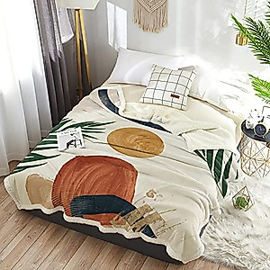 Mid Century Sherpa Flannel Throw Blankets,Boho Abstract Leaf Thick Reversible Plush Fleece Blanket for Bed Couch Sofa,Geometric Minimalist Aesthetic Ultra Soft Comfy Warm Fuzzy TV Throws 40x50in