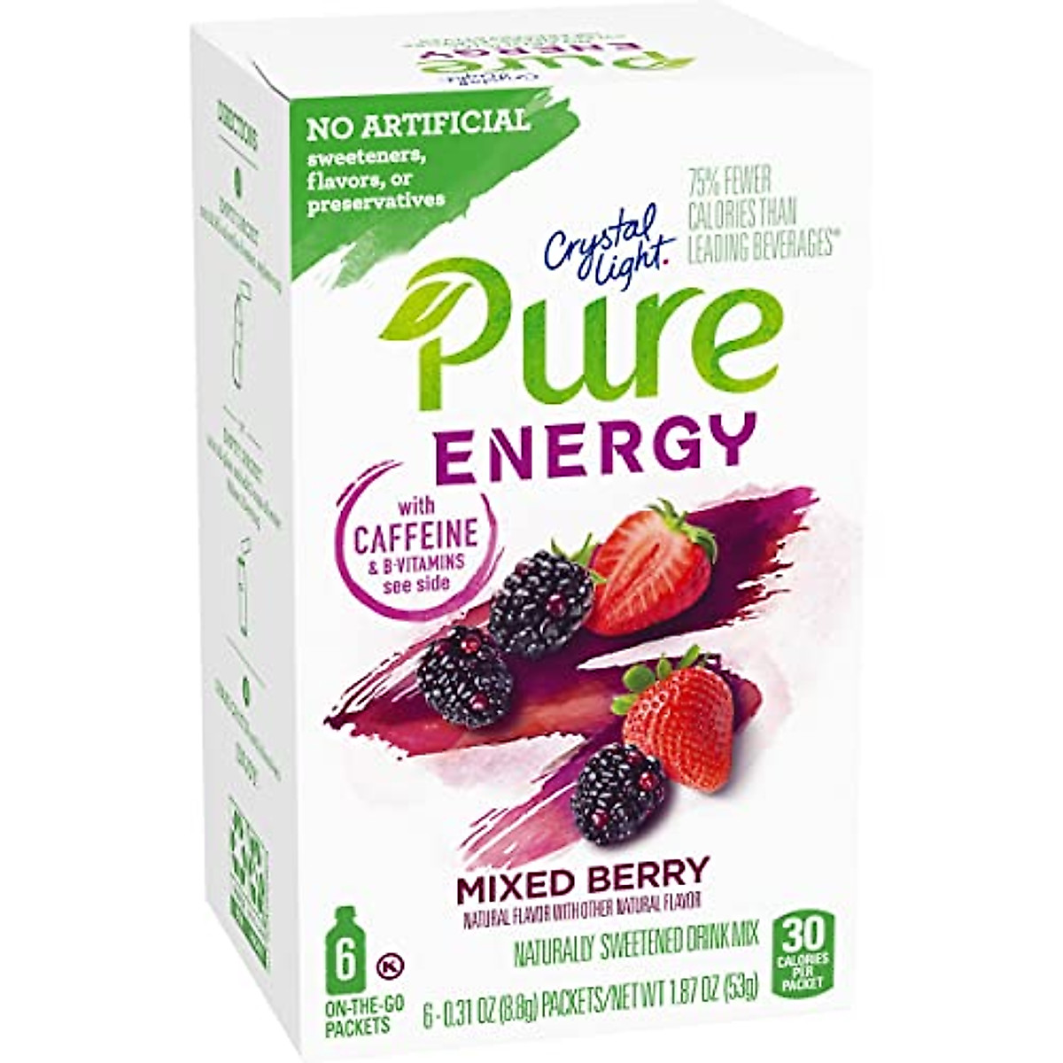 Crystal Light Pure Energy Mixed Berry Drink Mix with Caffeine, 48 ct Pack, 8 Boxes of 6 Packets