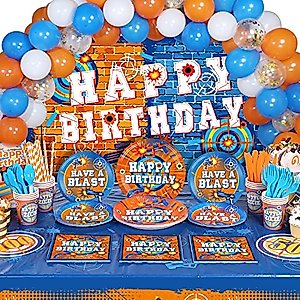 Dart Battle Birthday Party Decorations dart battle Party Supplies Include Gun Theme Backdrop,Dart Tablecloth Balloons Kit Cups Plates Napkins Tableware Set for Kids Birthday Party Supplies Party Favor