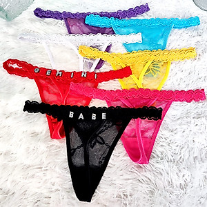 Women Custom G-String Thongs Crystal Name Lace Thong Customized Letter Panties Transparent Low Waist Briefs Underpants (Red)
