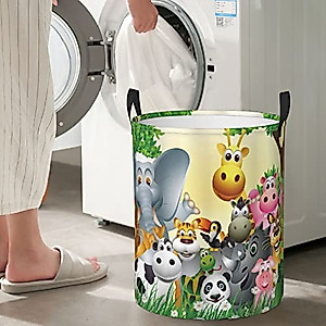 Laundry Basket,Animals In Jungle Elephant Giraffe Panda Bear Pig Lion Hippo Animation Cartoon Art,Large Canvas Fabric Lightweight Storage Basket/Toy Organizer/Dirty Clothes Collapsible Waterproof For College Dorms-Large