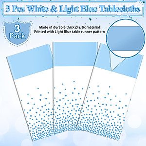 3Pcs White and Light Blue Tablecloth Party Decorations,Plastic White Table Cloth Printed Baby Blue Table Runner Disposable Rectangle Table Cover for Birthday Baby Shower Wedding Party,54 x108 Inch