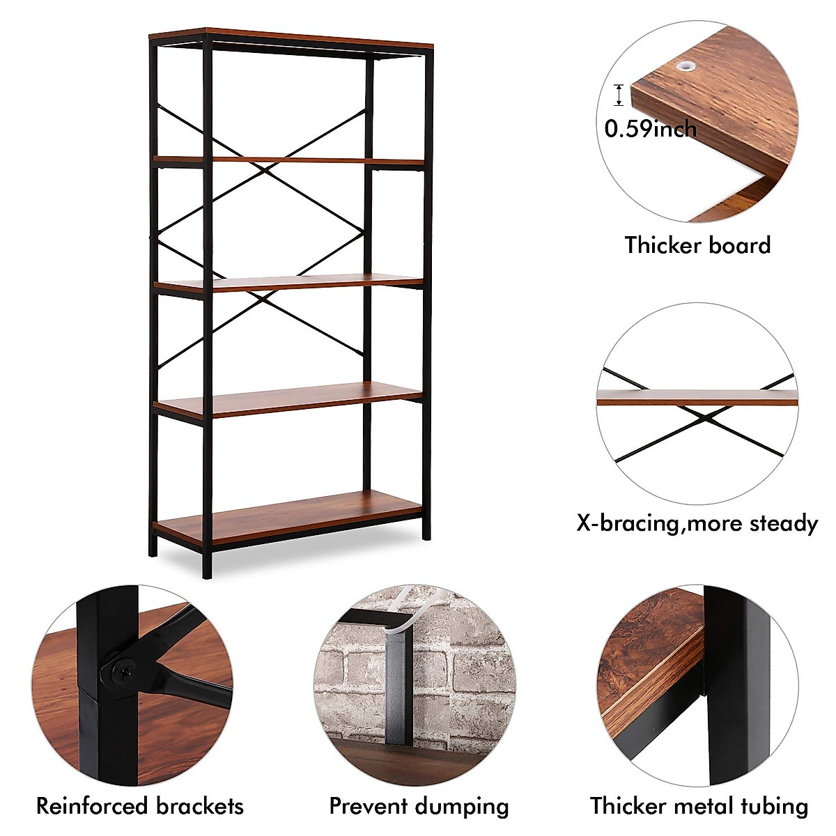 4 Shelf Bookcase, Bookshelf Industrial Style Metal and Wood Bookshelves, Open Wide Home Office Book Shelf