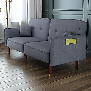 OTRIEK 75" Convertible Futon Sofa Bed with 2 Pillows and Storage Pockets, Modern Upholstered Couch Sleeper Sofa Folding Lounge for Living Room Small Space Apartment (Grey)