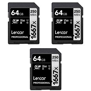Lexar LSD64GCBNA1667 Professional SDHC/SDXC 1667x UHS-II 64GB Memory Card (3-Pack)